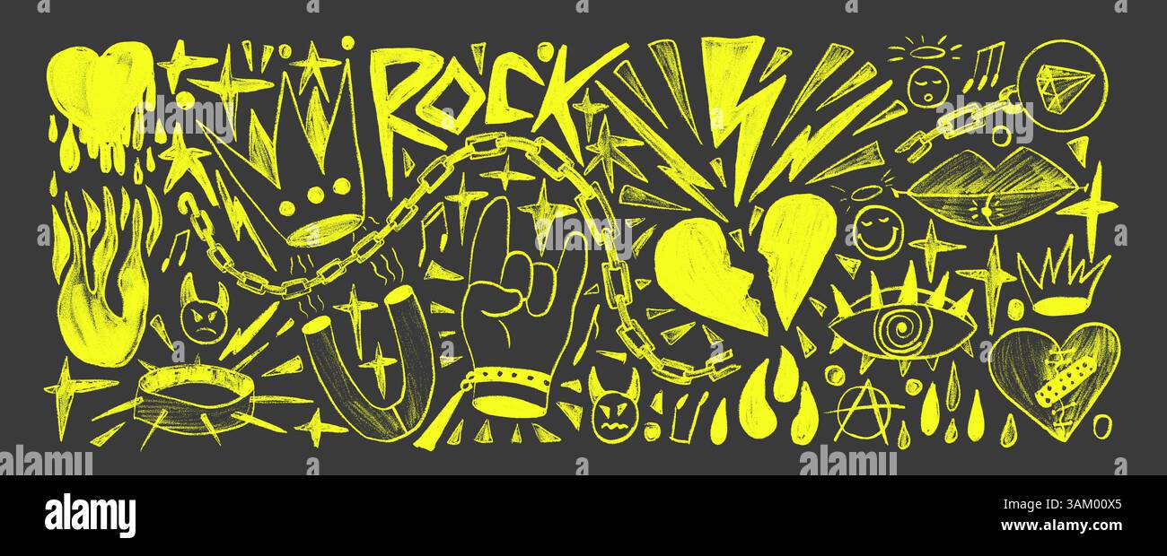 Rock and roll girly crayon drawn set. Punk coquette highlight breaking ...
