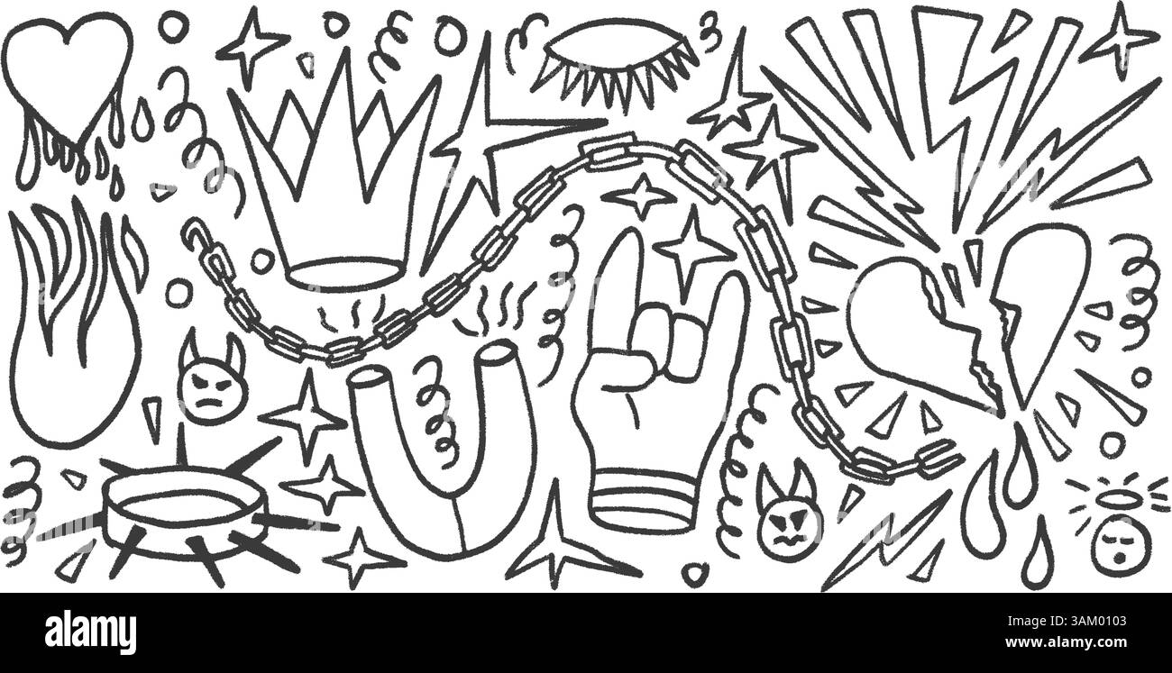 Rock charcoal drawn set. Punk coquette breaking heart doodle background ...