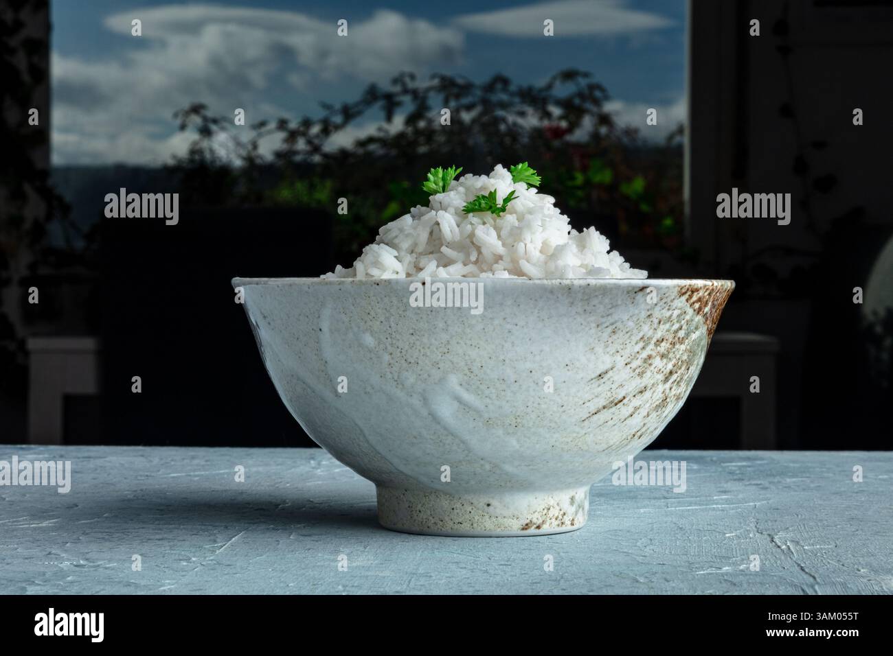 White rice, cooked. A bowl of boiled long grain rice, a simple side ...