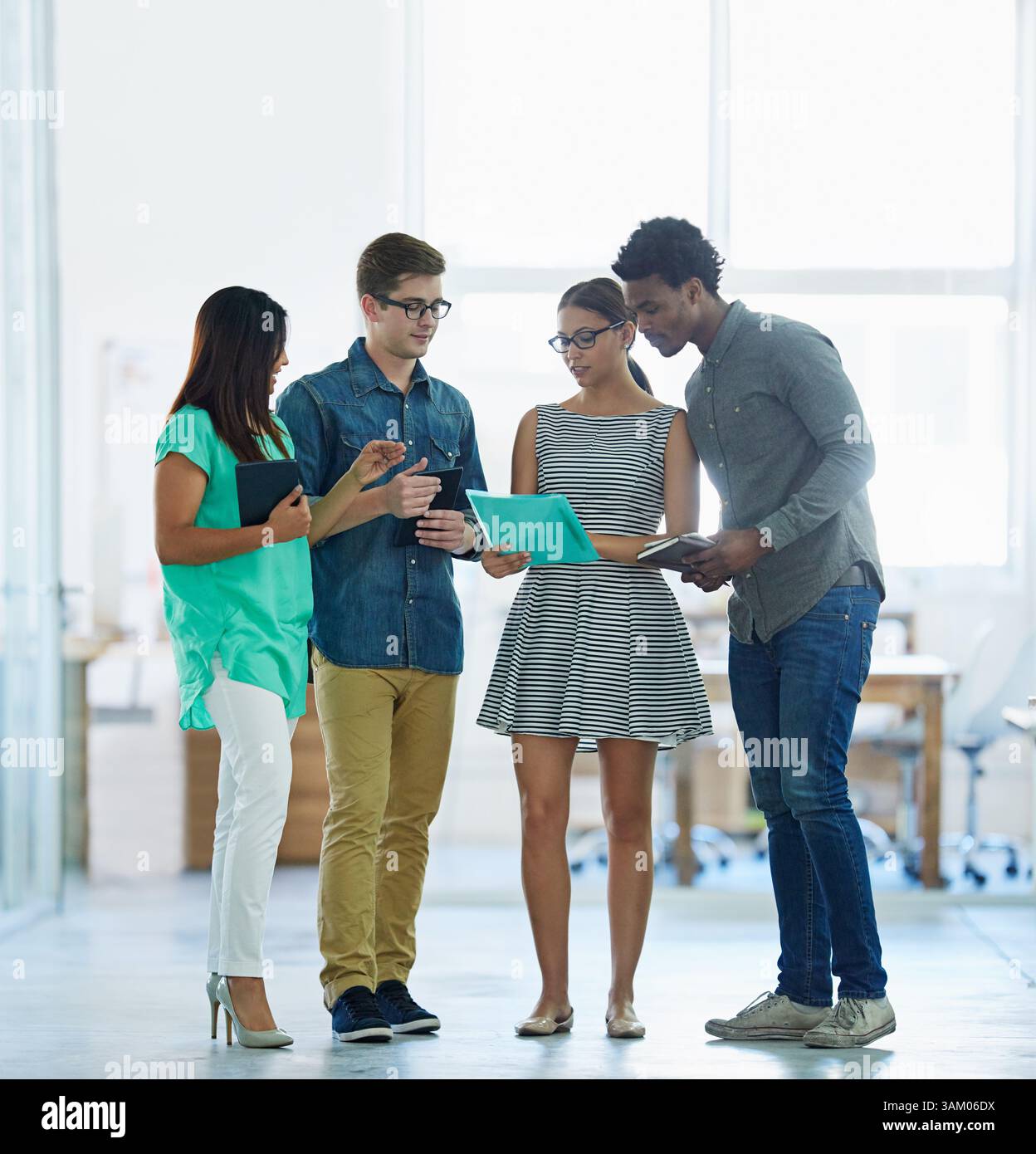 Employees, talking and strategy in office together, file and report or ...