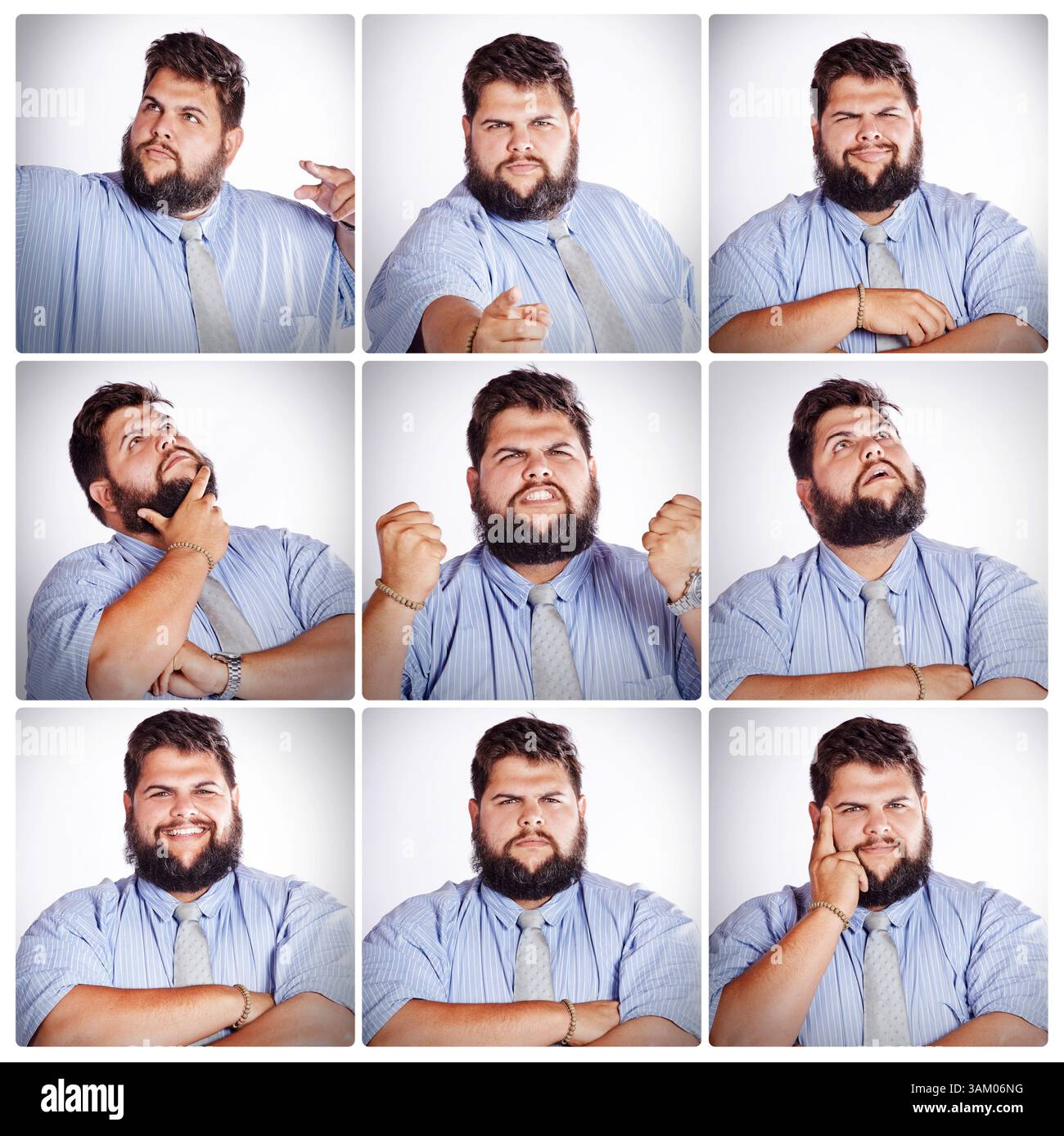 Man, collage and composite with facial expressions in studio with funny ...