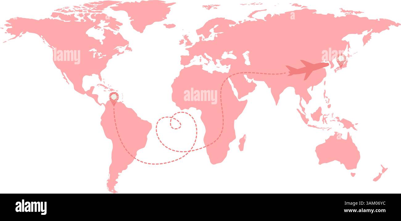 Cartoon illustration of a pink world map with a small airplane flying ...