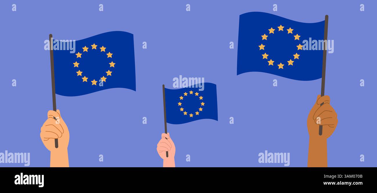 Inclusive and symbolic illustration of multiple hands holding European ...