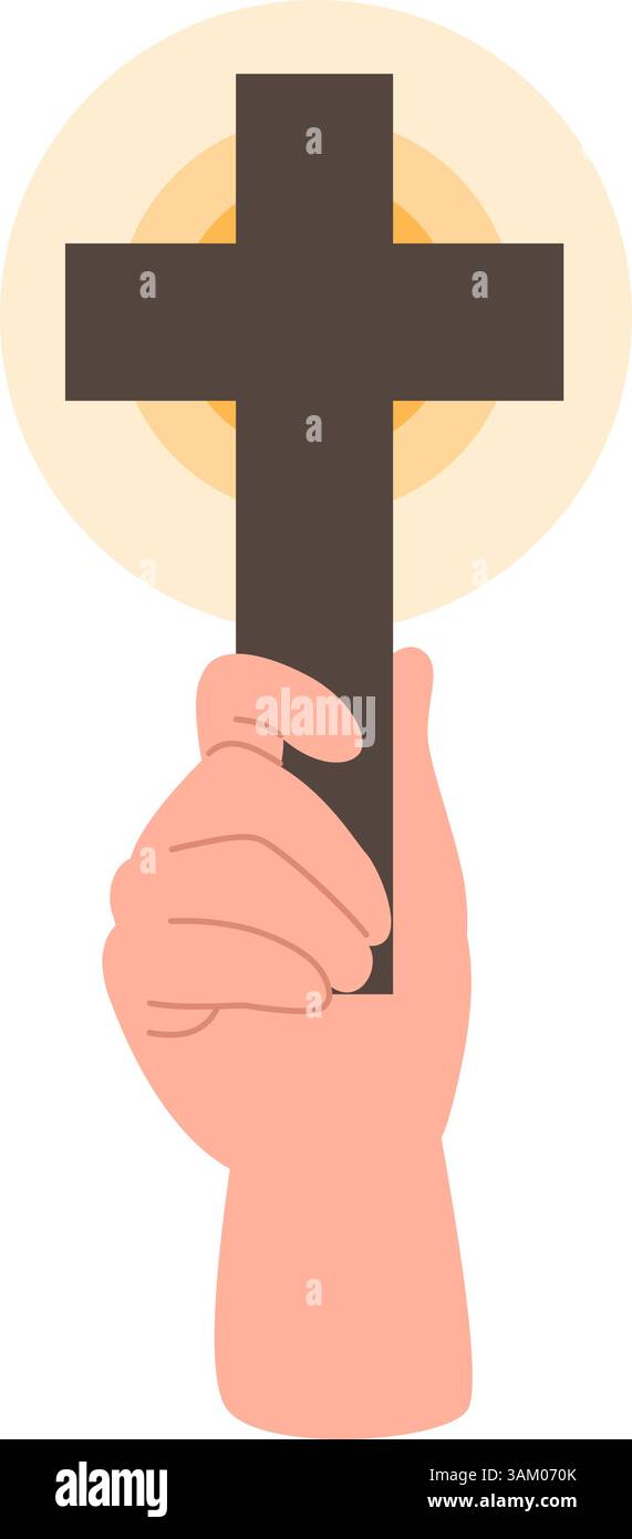 Illustration of a male hand holding a wooden Christian cross ...