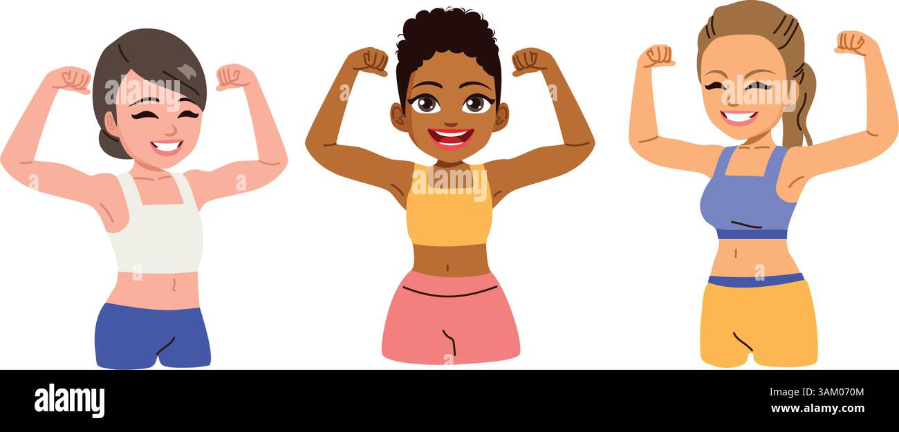 Cartoon illustration showing three confident women in sporty outfits ...