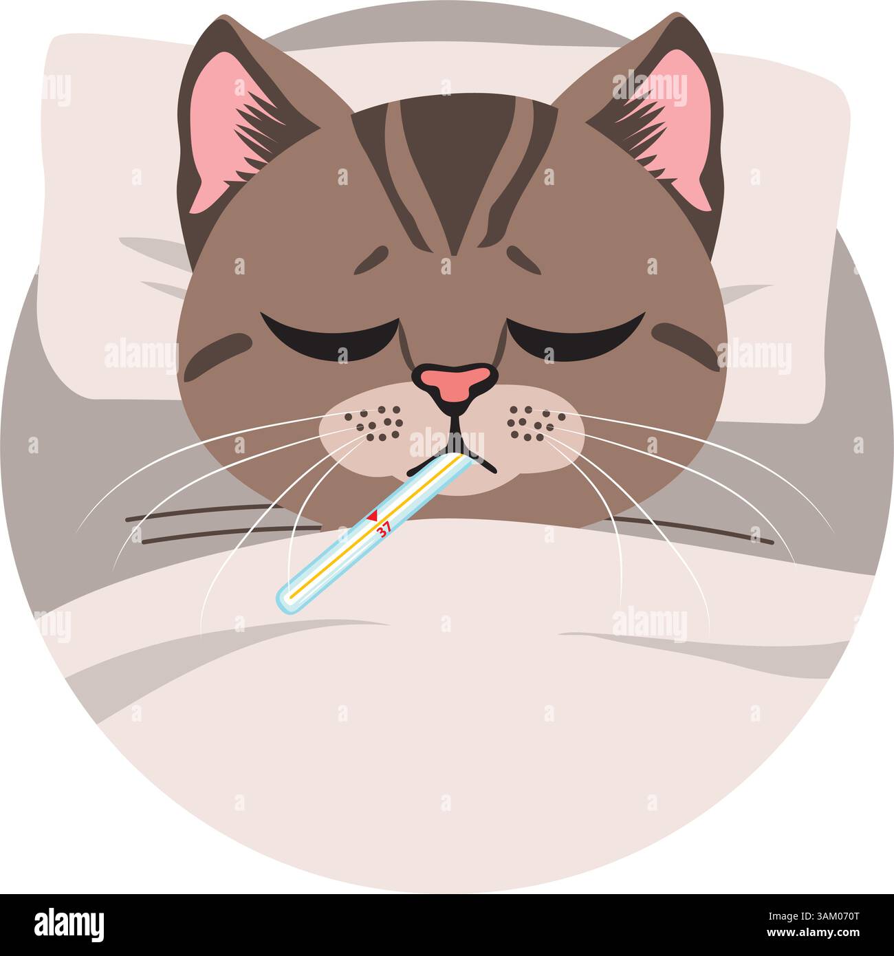 Cartoon drawing of a sad sick cat wrapped in a blanket with a ...