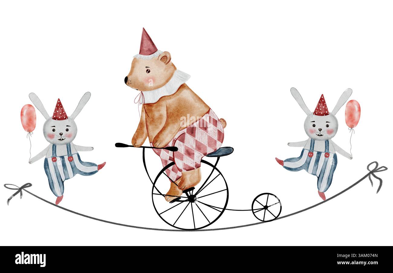 Circus watercolor. Illustration of a Circus bear riding a bicycle on a ...