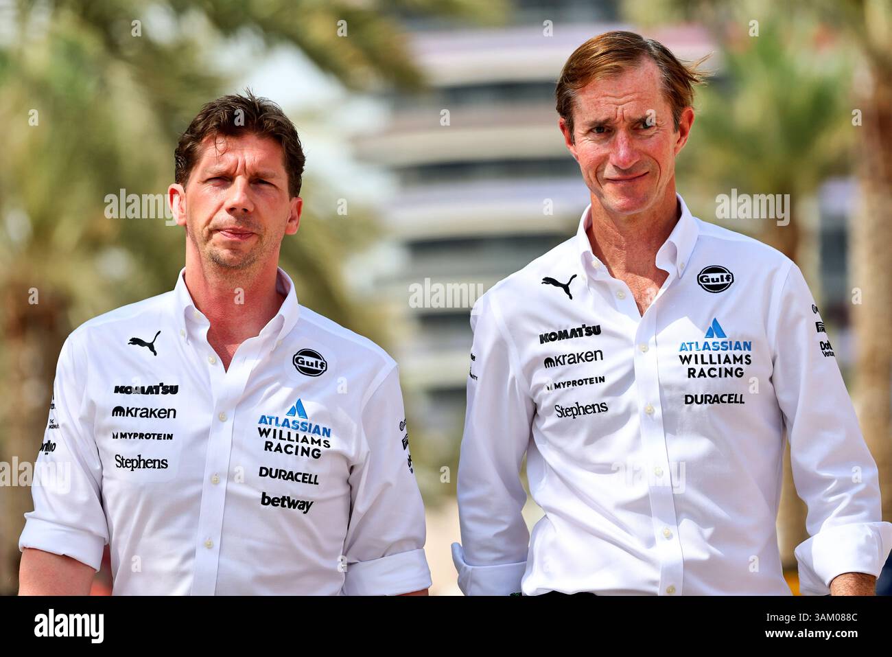 Sakhir, Bahrain. 13th Apr, 2025. (L to R): James Vowles (GBR) Atlassian ...