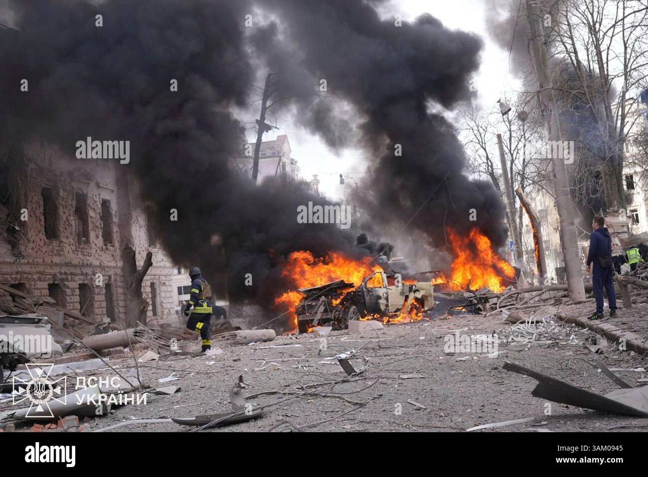 In this photo provided by the Ukrainian Emergency Service, firefighters ...