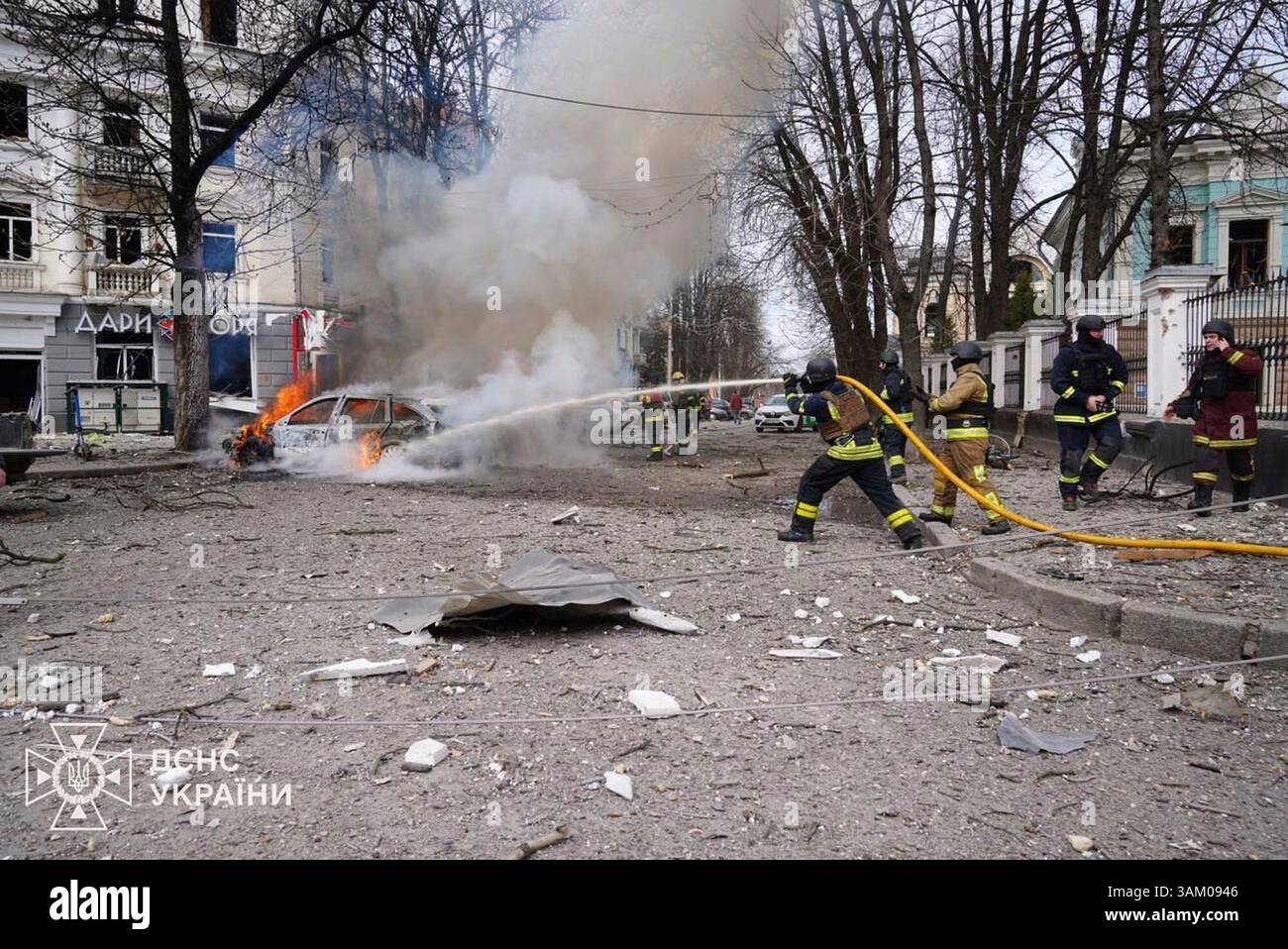 In this photo provided by the Ukrainian Emergency Service, firefighters ...