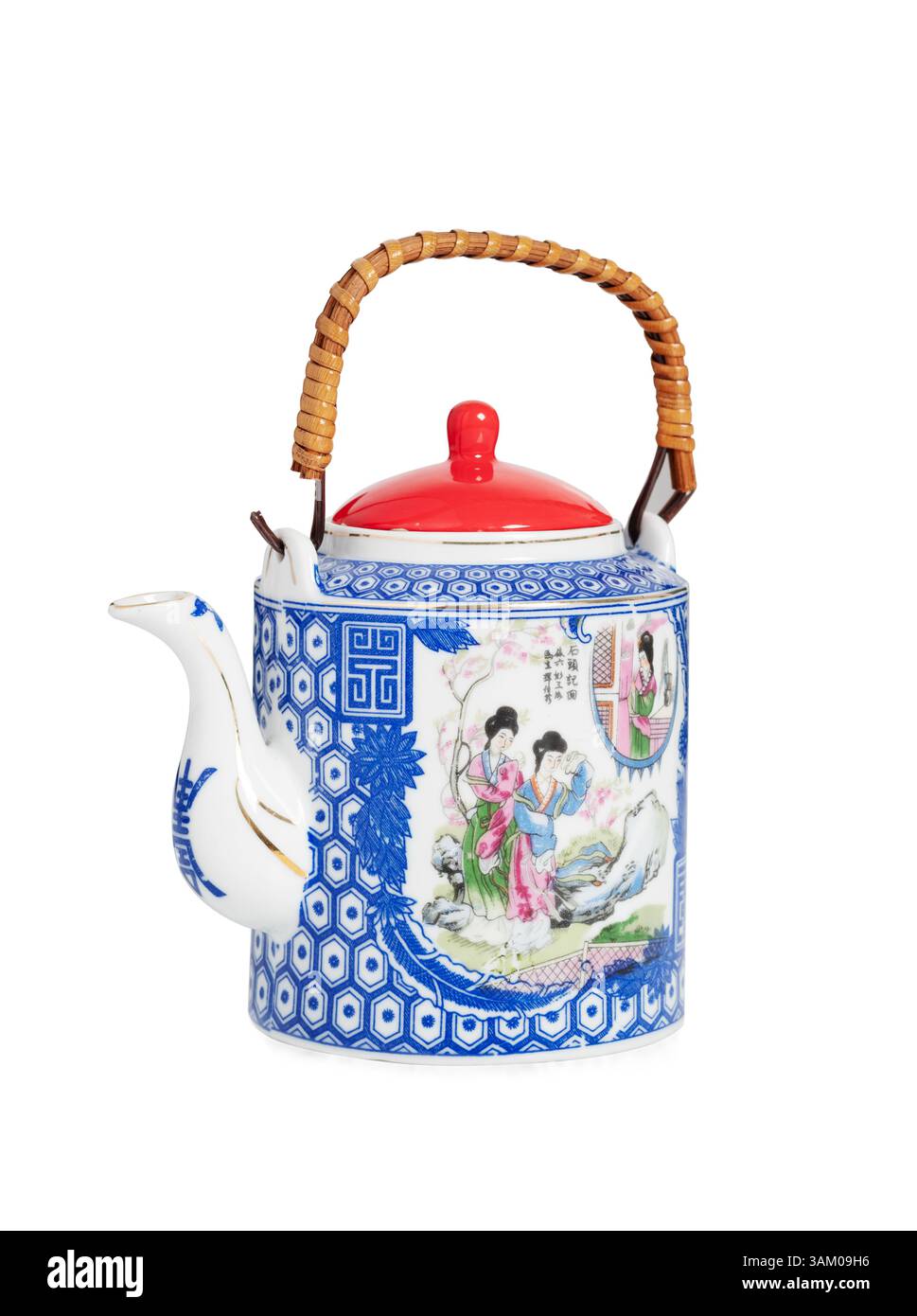 Traditional Chinese ceramic teapot with intricate blue patterns, red ...