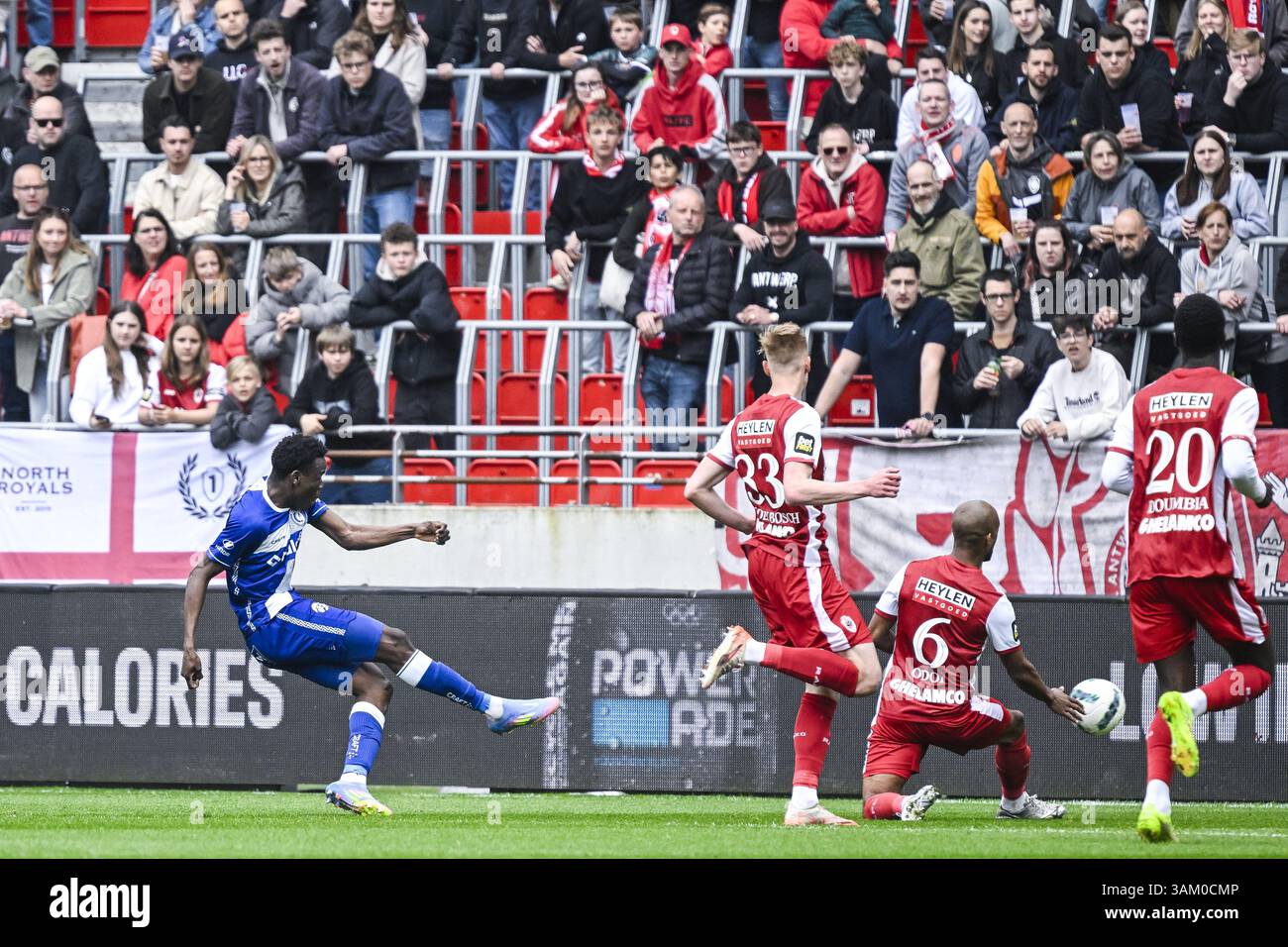 Antwerpen, Belgium. 13th Apr, 2025. Gent's Hyllarion Goore and Antwerp ...