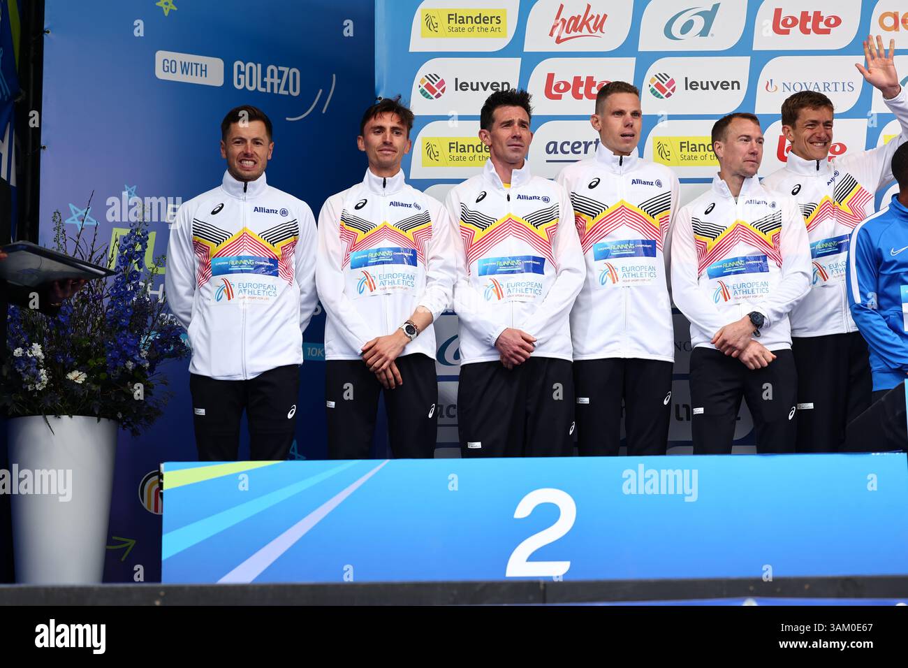 Brussels, Belgium. 13th Apr, 2025. The team ranking podium with second ...