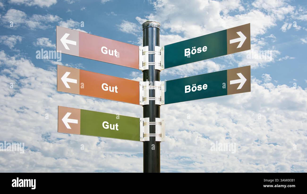 An image with a signpost pointing in two different directions in German ...