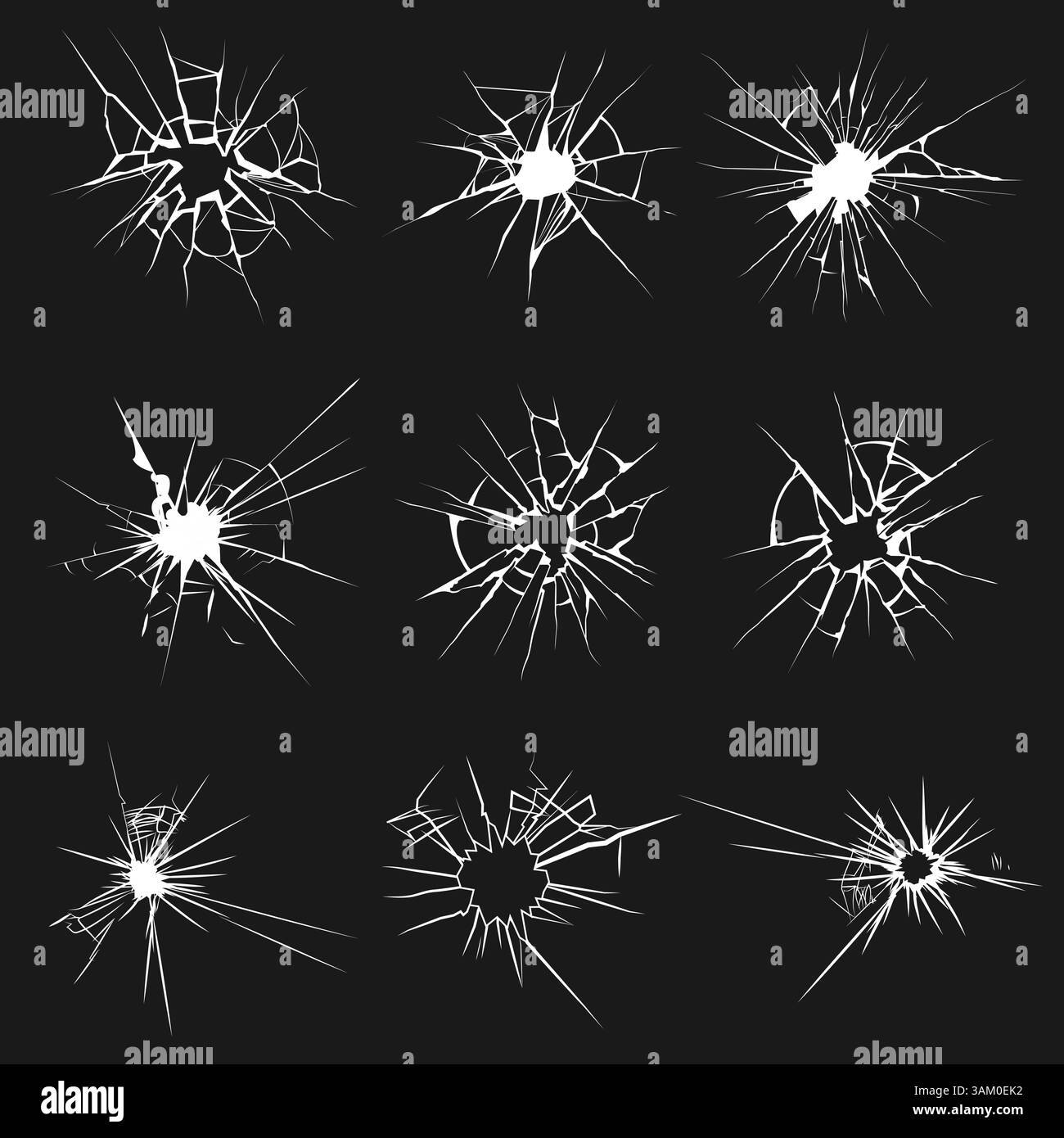 Set of glass crack with different types of damage on black background ...