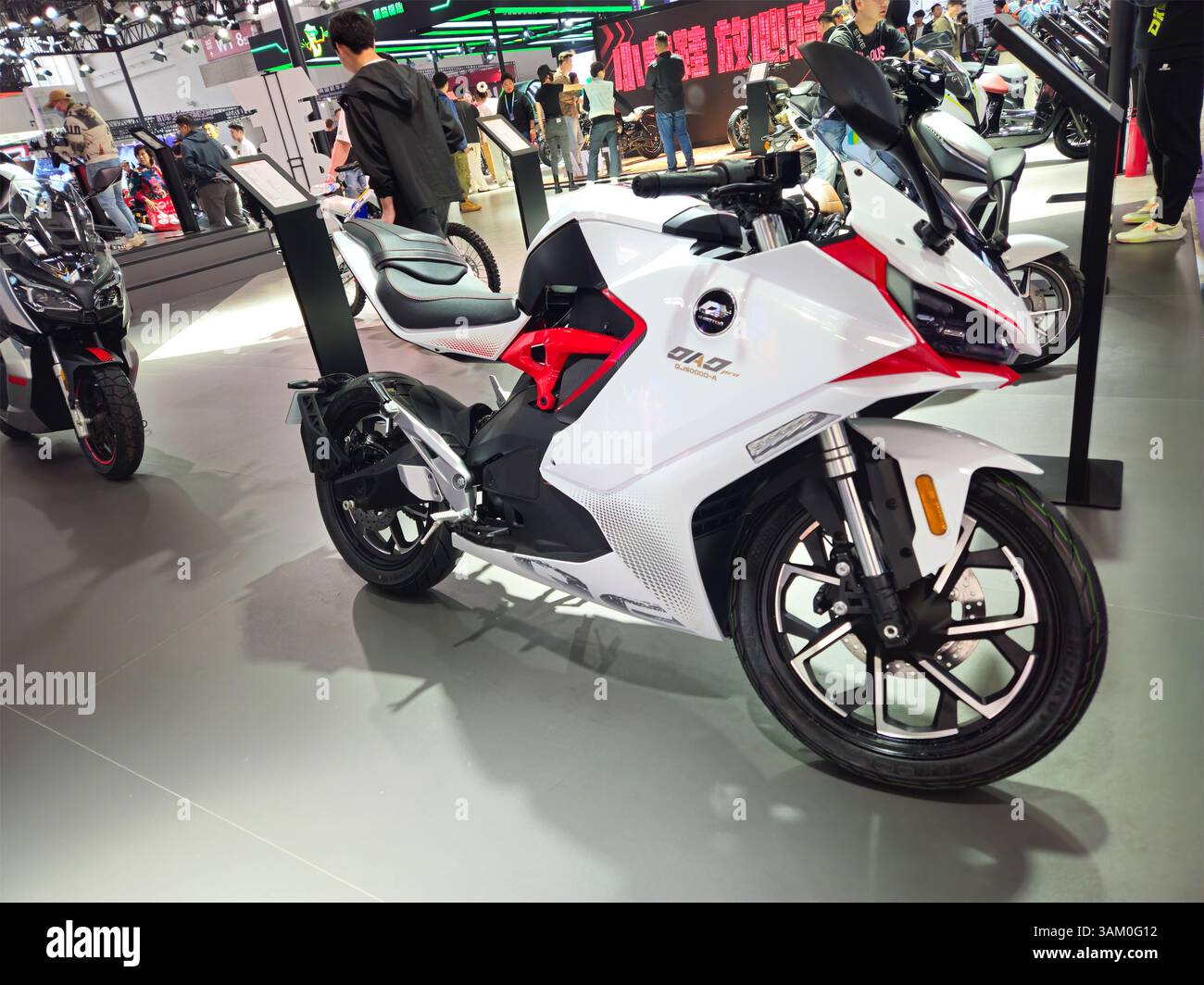 Beijing, China, April 11, 2025, Zhejiang Qianjiang Motorcycle showcases ...