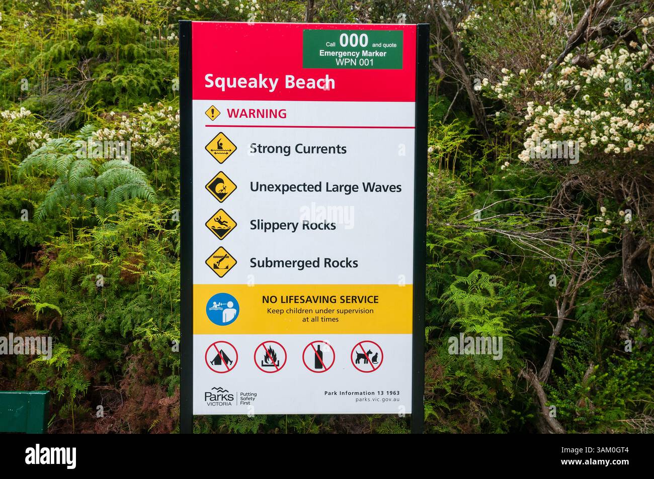 warning signal, Squeaky Beach, string currents, unexpected large waves ...