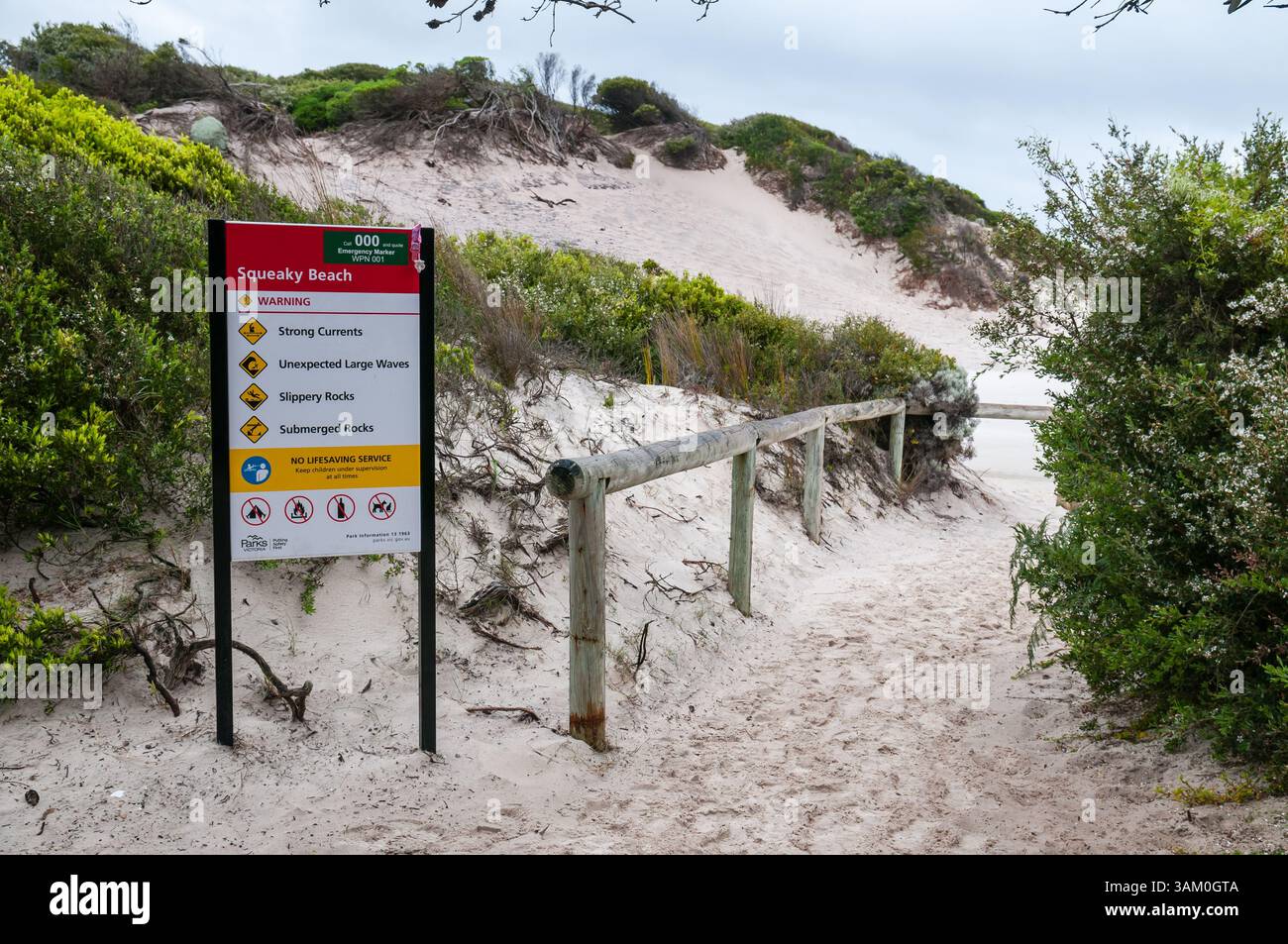 warning signal, Squeaky Beach, string currents, unexpected large waves ...