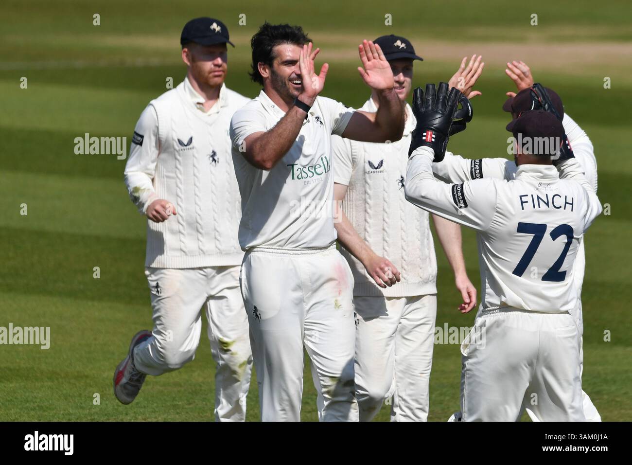 Canterbury, England. 13th Apr 2025. Grant Stewart celebrates taking the ...