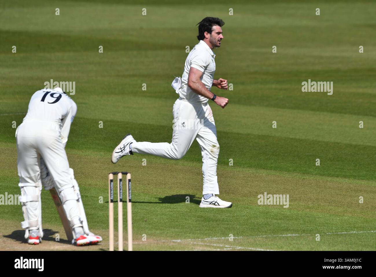 Canterbury, England. 13th Apr 2025. Grant Stewart celebrates taking the ...
