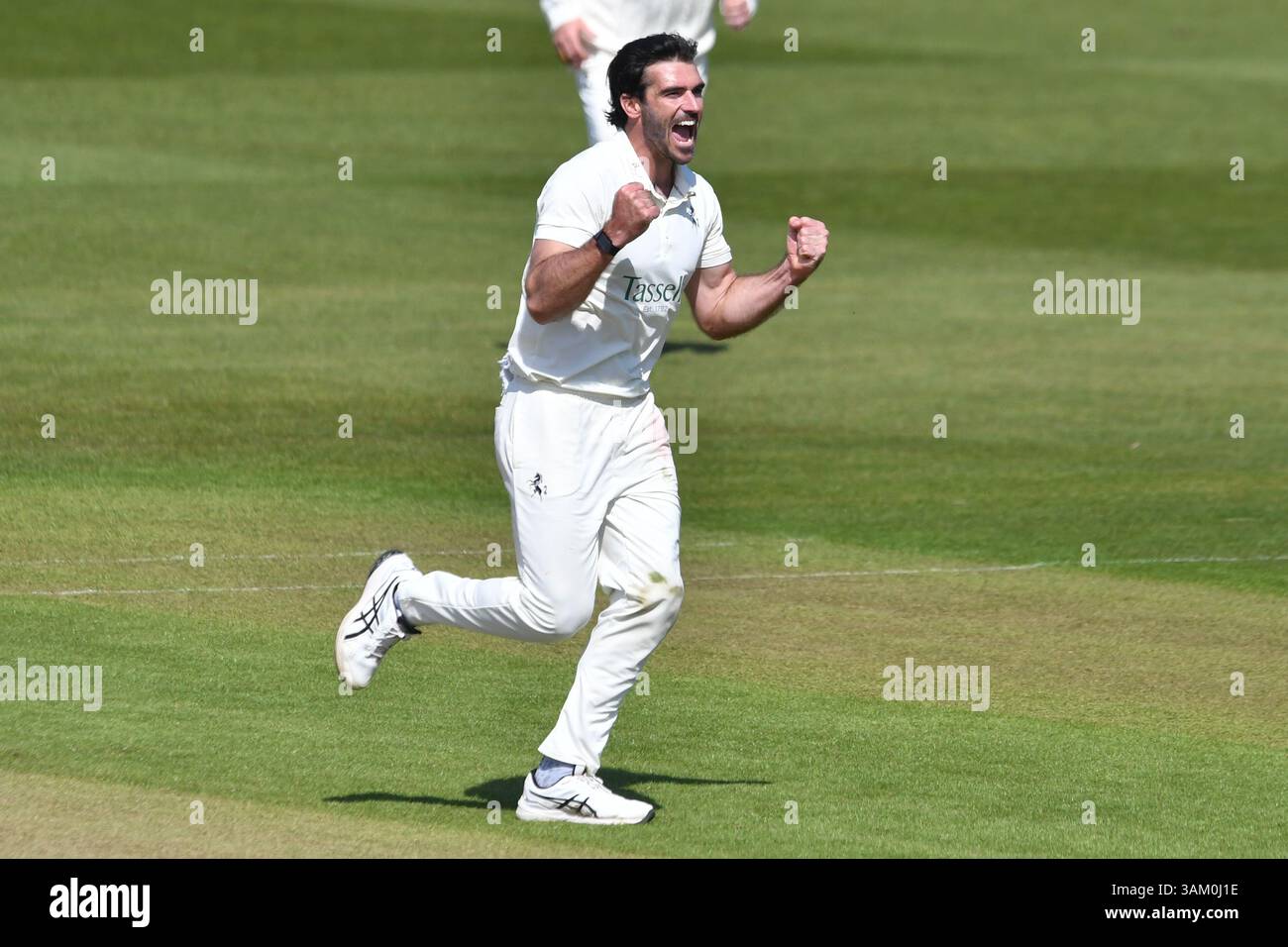 Canterbury, England. 13th Apr 2025. Grant Stewart celebrates taking the ...