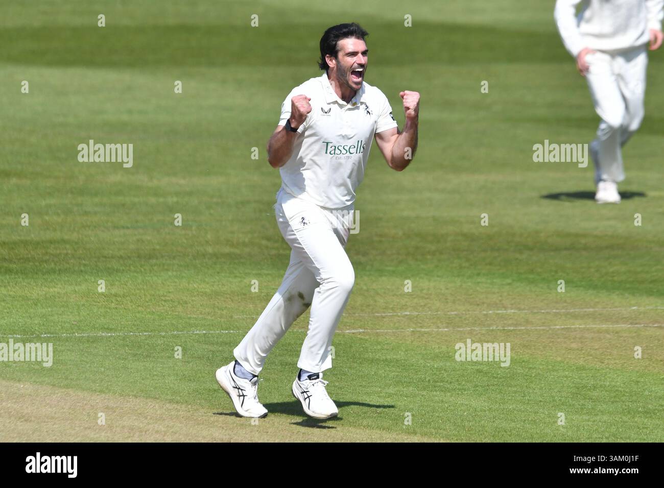 Canterbury, England. 13th Apr 2025. Grant Stewart celebrates taking the ...
