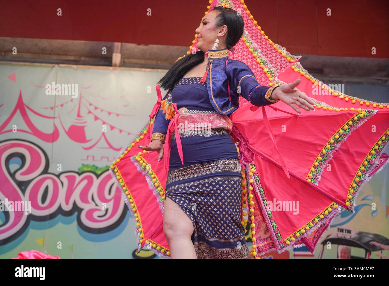 London UK 13 April 2025. A traditional dancer performs at the Thai New ...