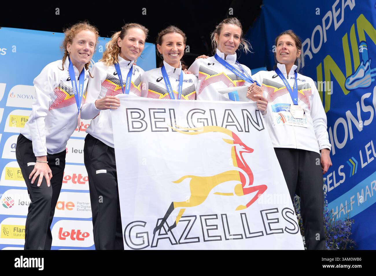 Brussels, Belgium. 13th Apr, 2025. Belgian team pictured on the podium ...