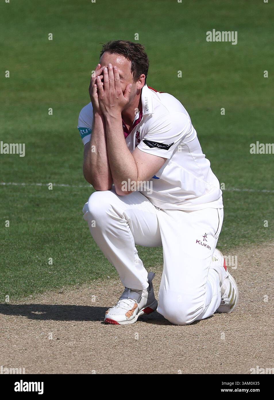 Hove, UK. 13th Apr, 2025. Somerset's Josh Davey shows his frustration ...