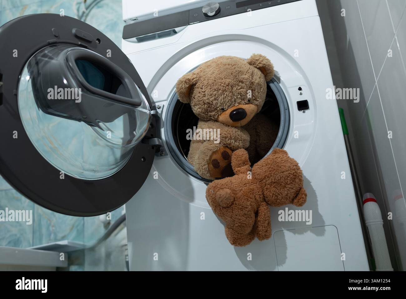Teddy bears peek from a washing machine, creating a delightful ...