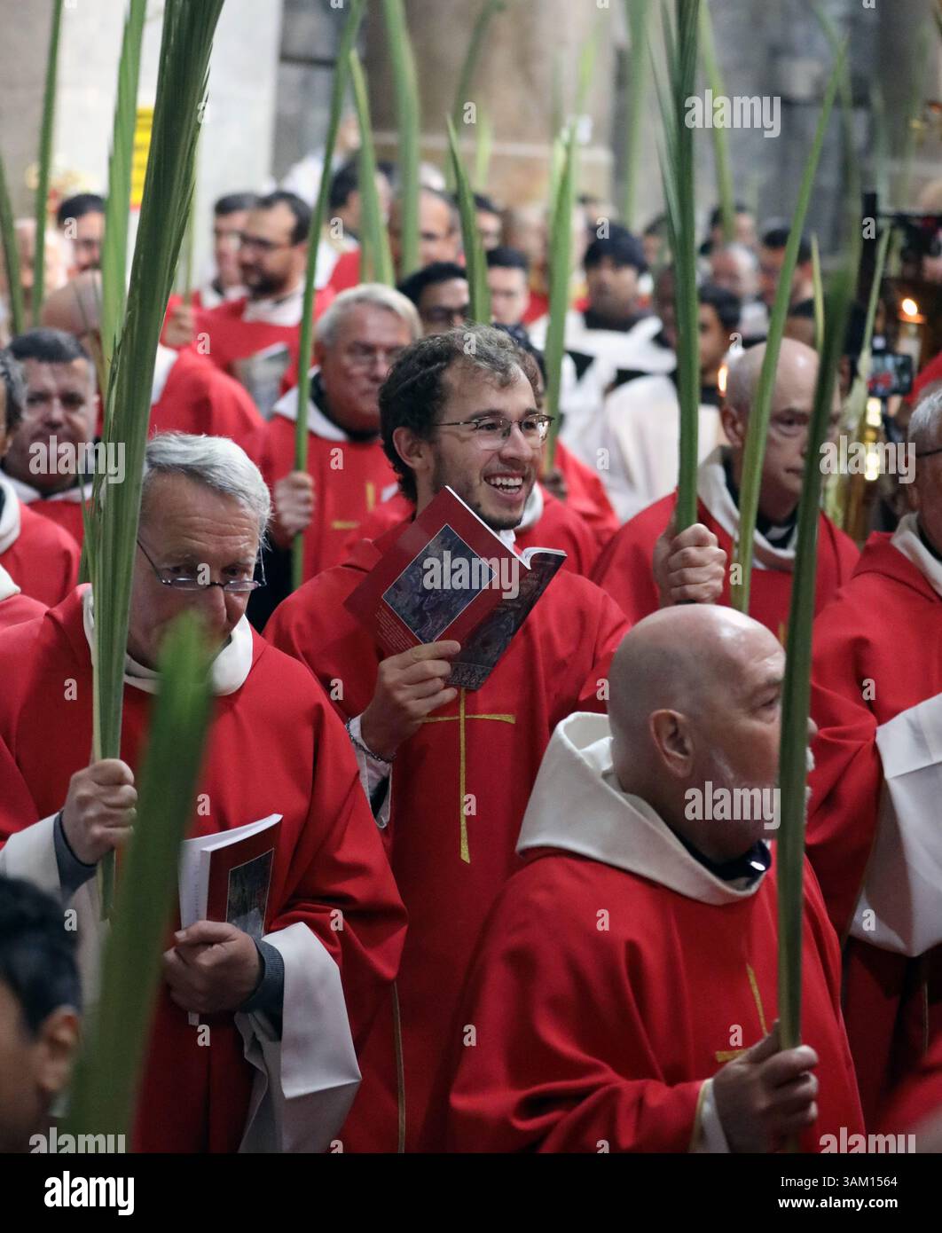 Jerusalem, Israel 13th April 2025 Monks marching with date palm ...