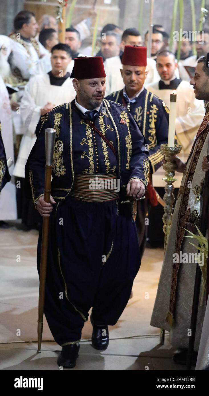 Jerusalem, Israel 13th April 2025 Monks marching with date palm ...