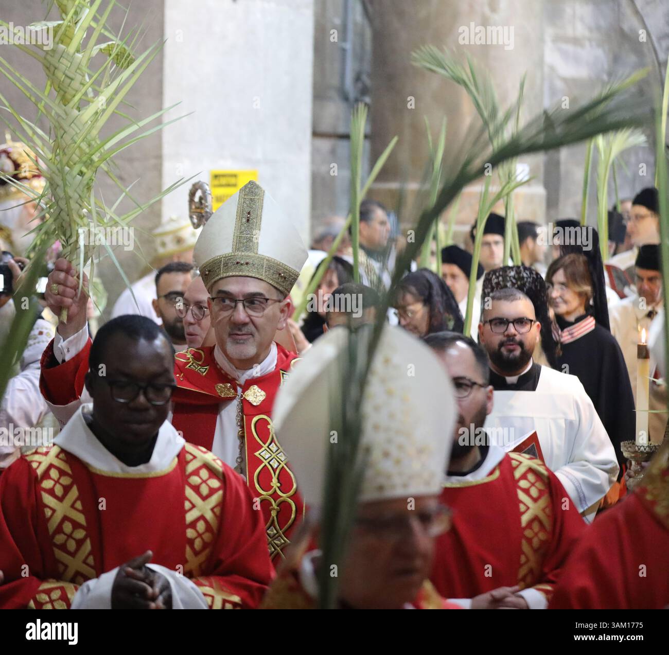 Jerusalem, Israel 13th April 2025 Monks marching with date palm ...