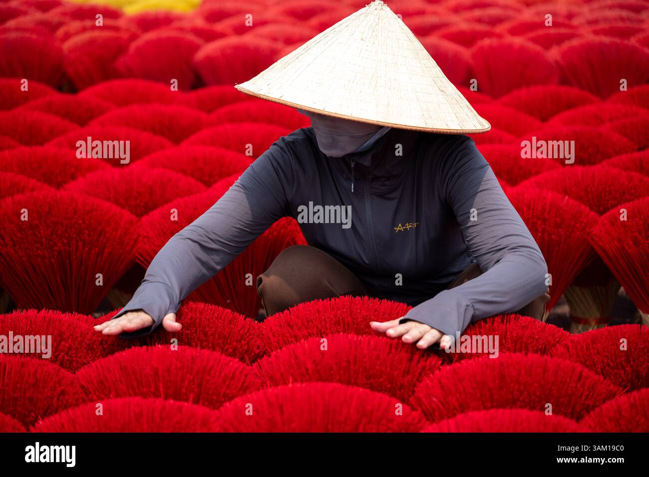 (250413) --HANOI, April 13, 2025 (Xinhua) -- A villager arranges ...