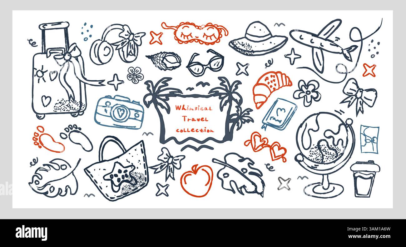 Whimsical Travel Collection hand drawn vector set with cute travel ...