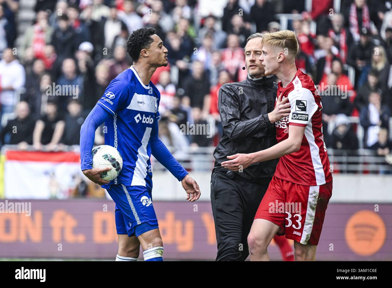 Antwerpen, Belgium. 13th Apr, 2025. Gent's Aime Omgba and Antwerp's ...