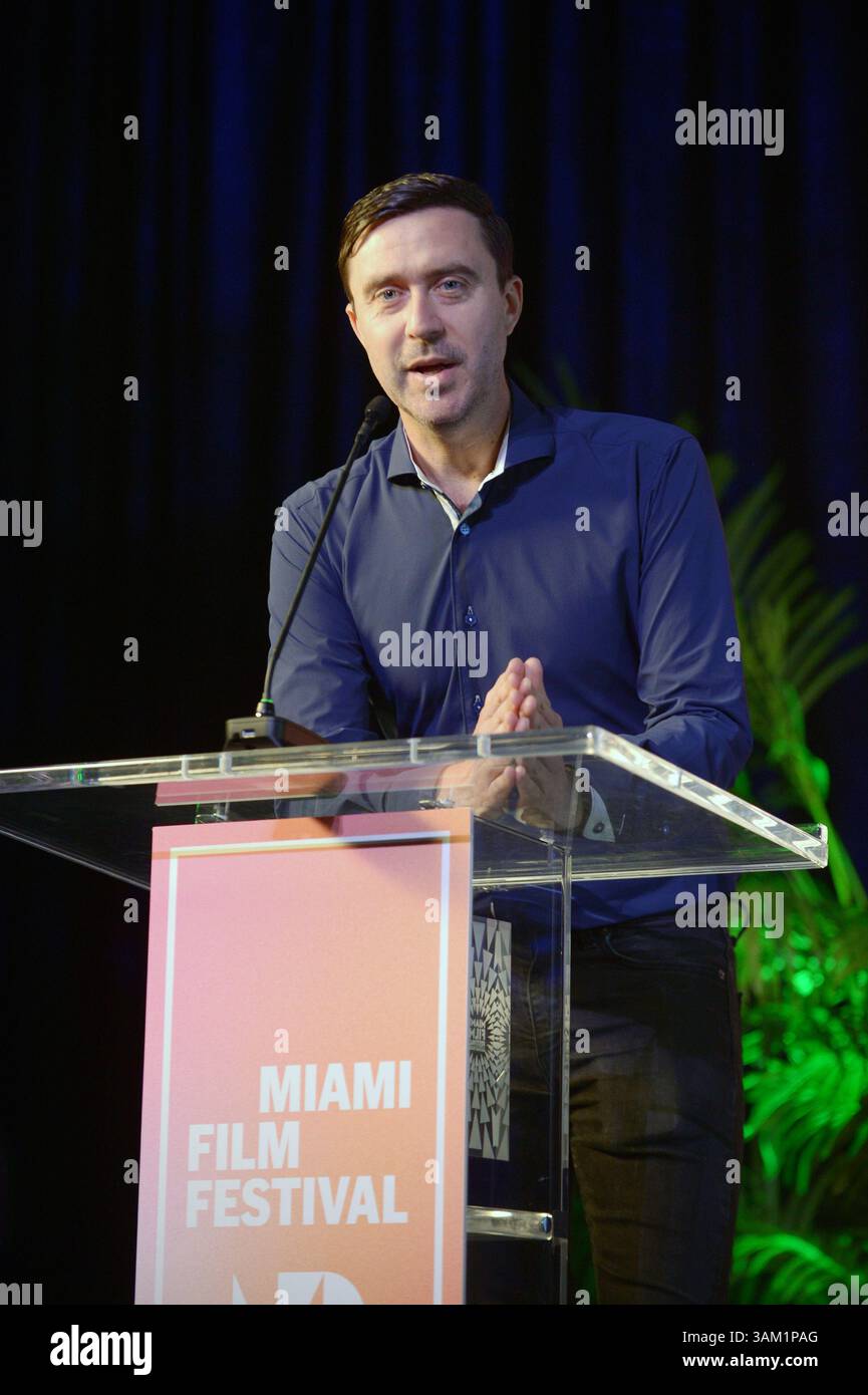 MIAMI, FLORIDA - APRIL 12: James Woolley on stage to introduce Lauren ...