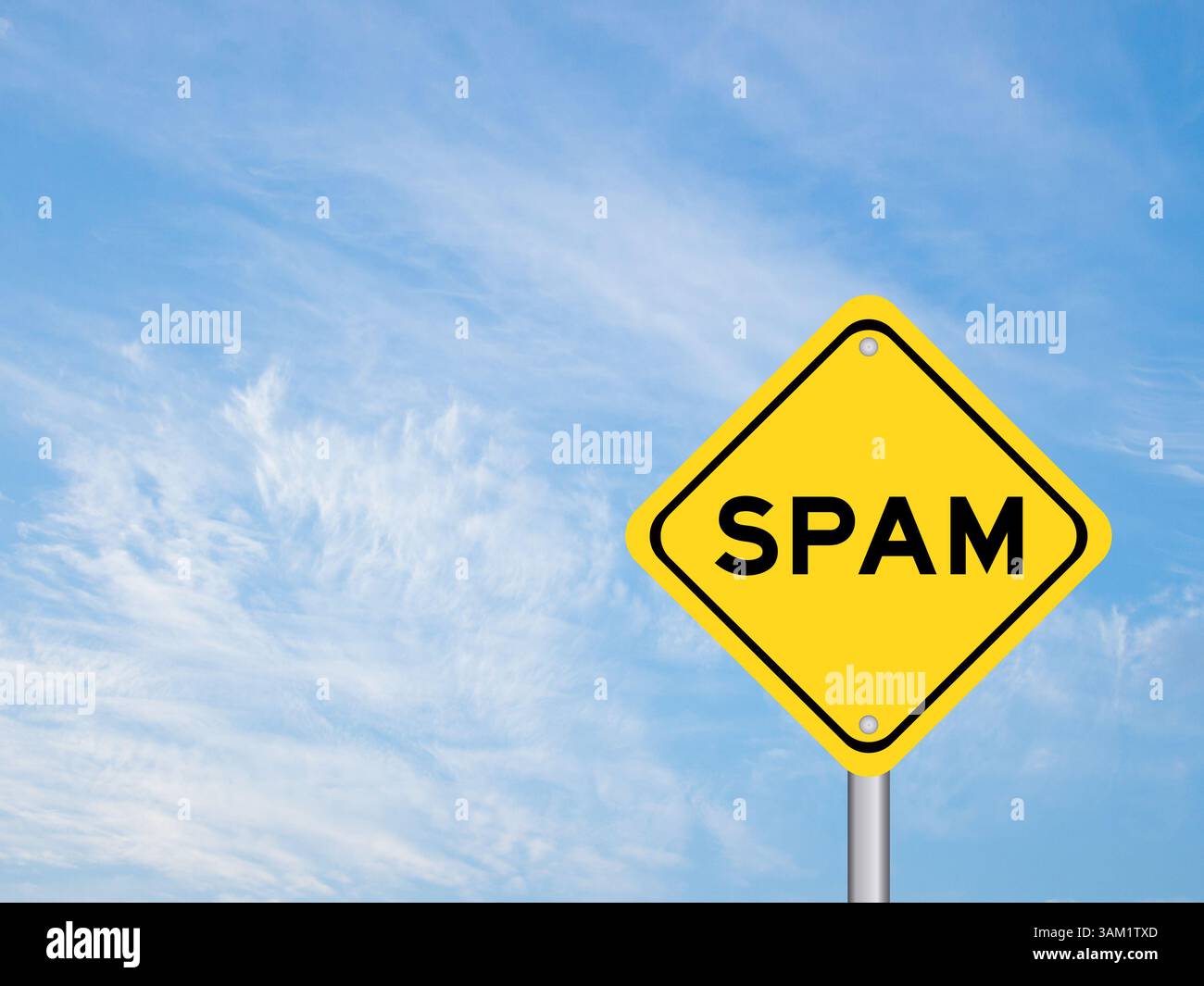 Yellow transportation sign with word spam on blue color sky background ...