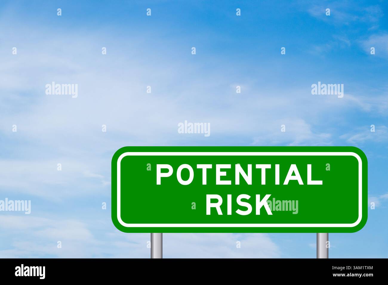 Green color transportation sign with word potential risk on blue sky ...