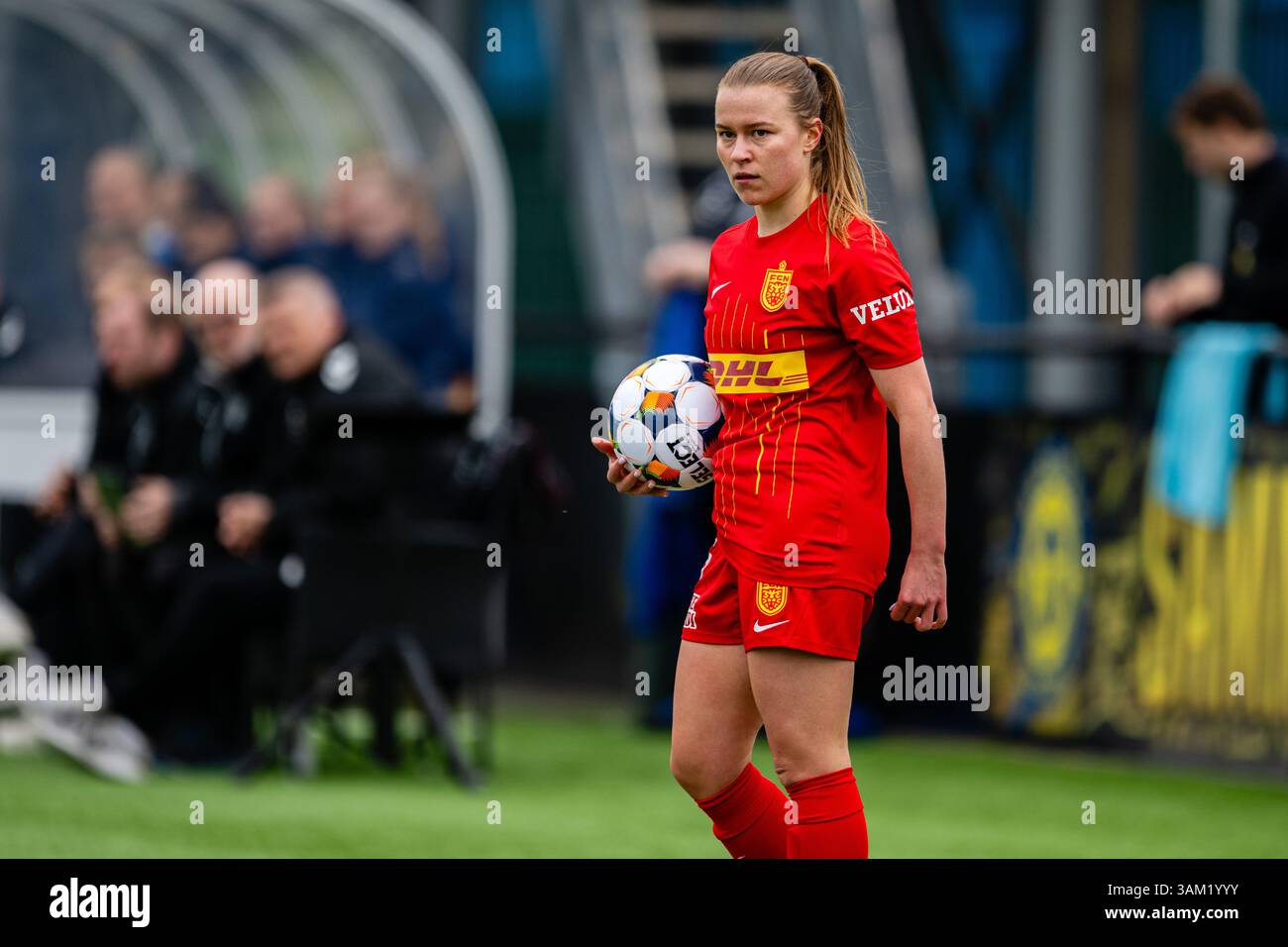 Broendby, Denmark. 12th Apr, 2025. Emmi Siren (5) of FC Nordsjaelland ...
