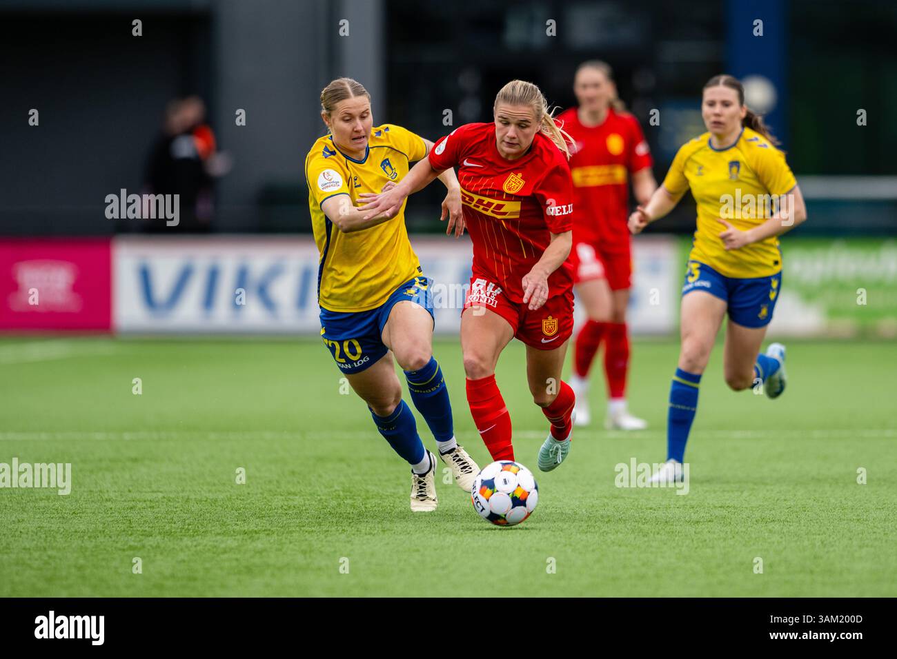 Broendby, Denmark. 12th Apr, 2025. Anna Walter (R) of FC Nordsjaelland ...