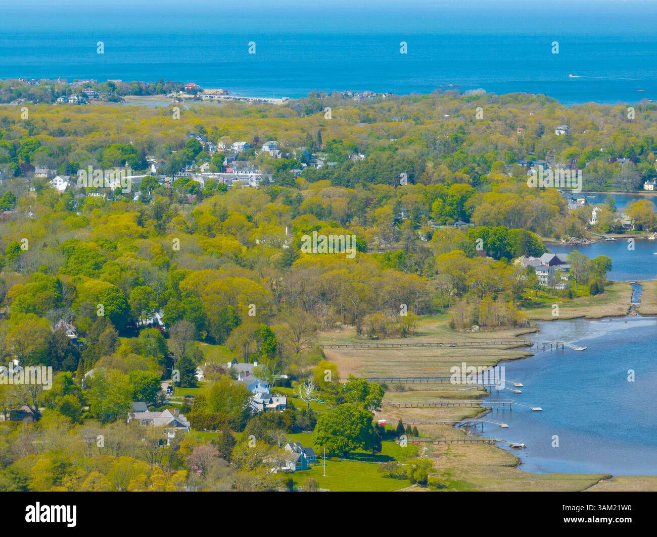 Cohasset coast aerial view with historic mansion in spring, Cohasset ...