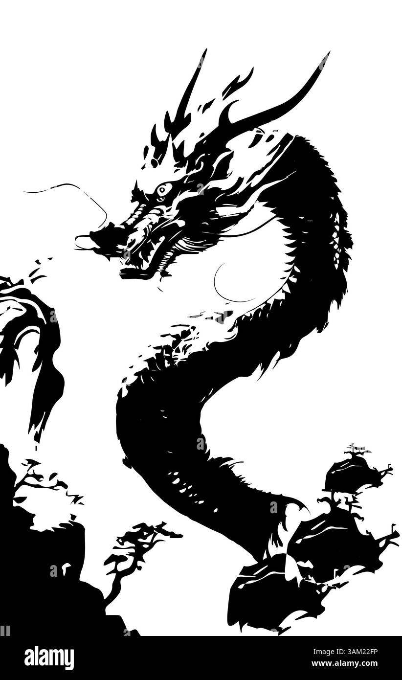 This monochrome dragon illustration fuses japanese painting with street ...