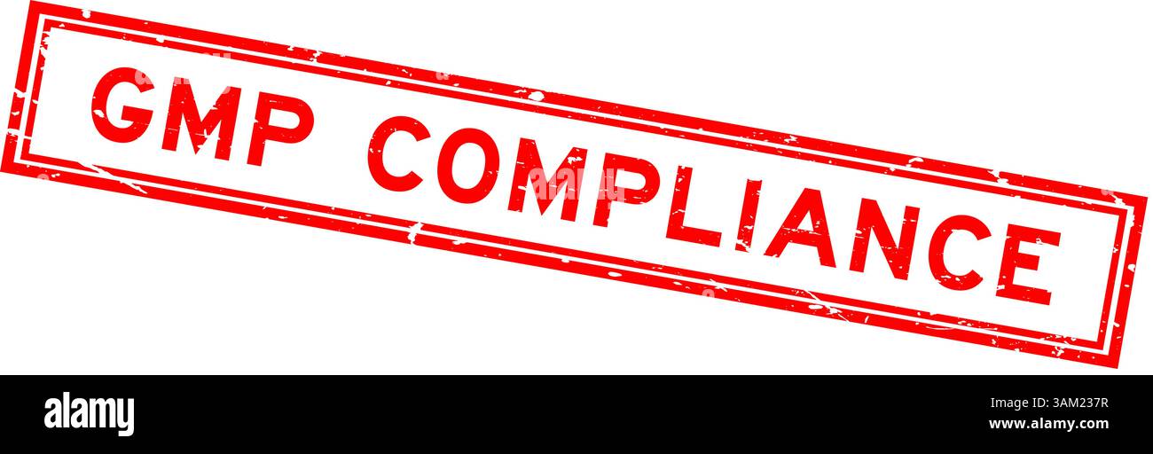 Grunge red GMP (Good manufacturing practice) compliance word square rubber seal stamp on white ...