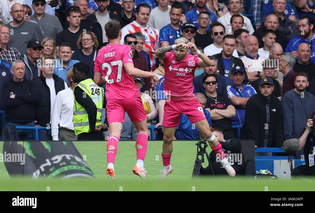 London, UK. 13th Apr, 2025. Julio Enciso of Ipswich Town celebrates ...