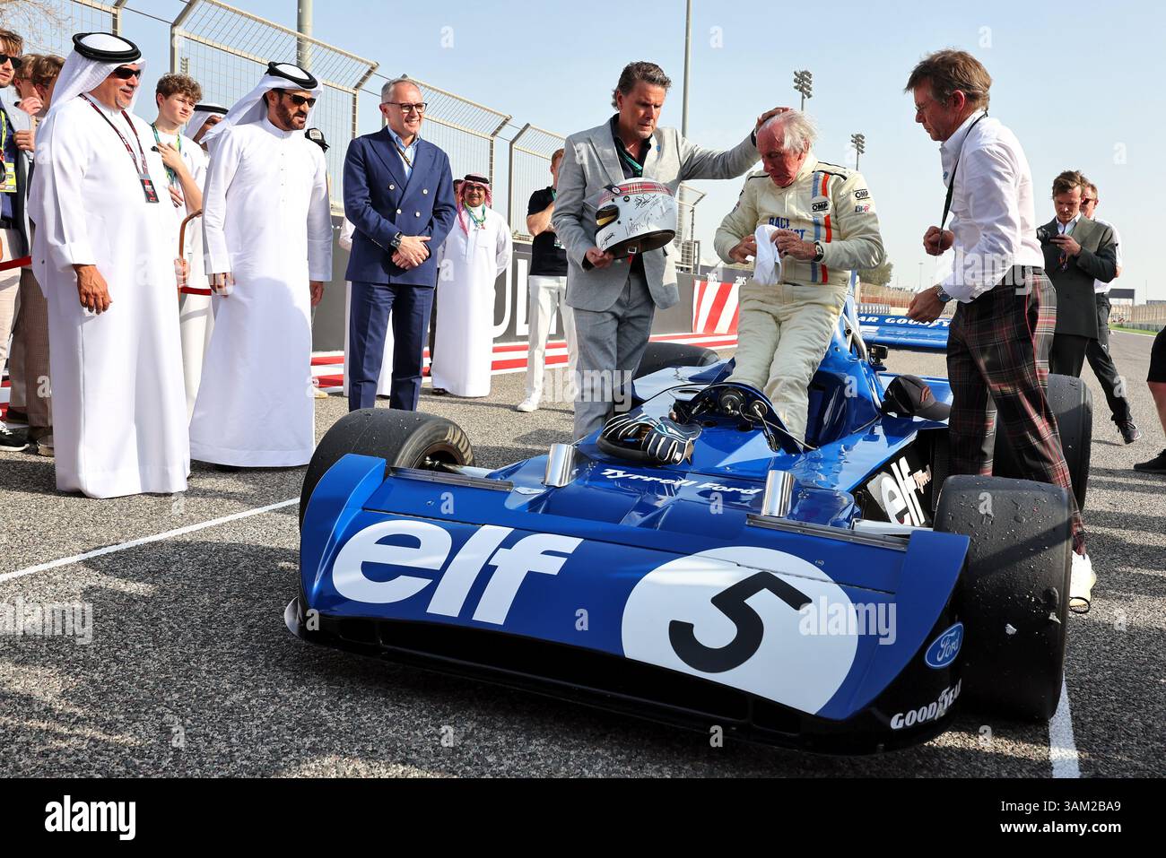 Sakhir, Bahrain. 13th Apr, 2025. Jackie Stewart (GBR) in his 1973 Tyrrell 006, with sons Mark ...
