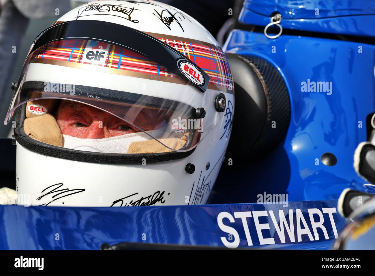 Sakhir, Bahrain. 13th Apr, 2025. Jackie Stewart (GBR) in his 1973 Tyrrell 006, wearing a helmet ...