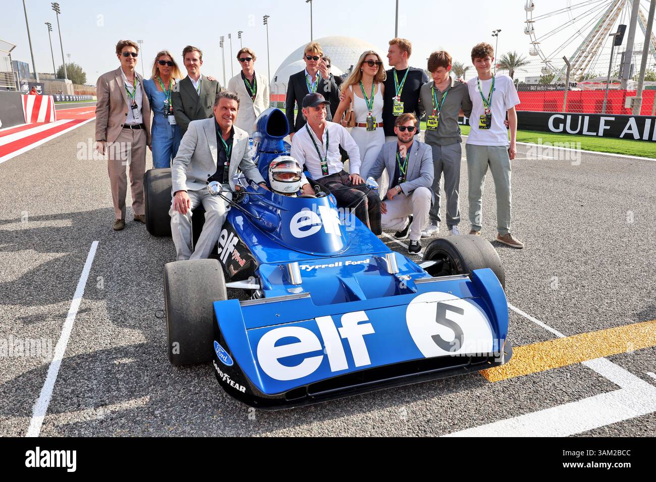 Sakhir, Bahrain. 13th Apr, 2025. Jackie Stewart (GBR) in his 1973 Tyrrell 006, with sons Mark ...