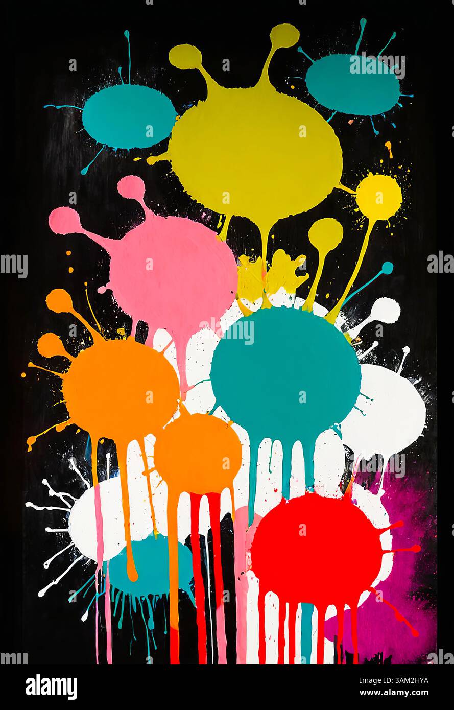 Abstract bright colorful blots, smudges and stains on black and white ...