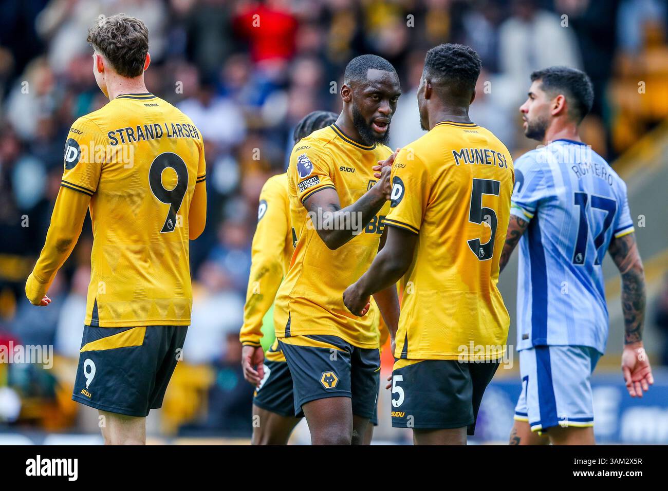 Wolverhampton Wanderers players celebrate the own goal to make it 2-0 ...